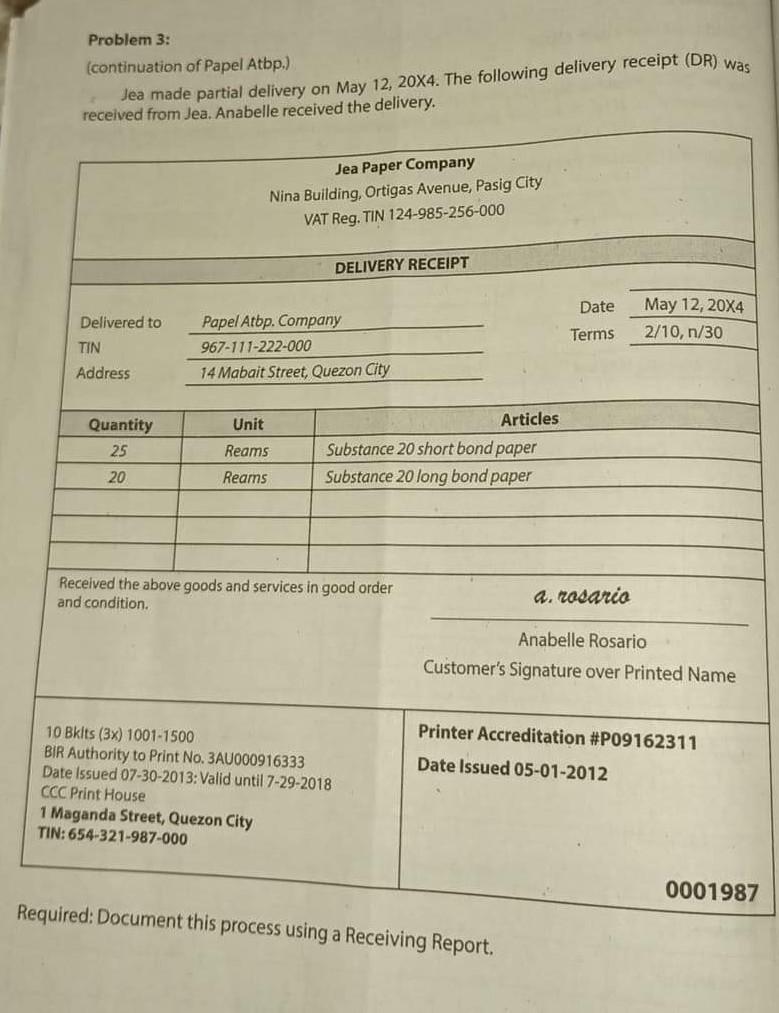 Solved Problem 3: (continuation of Papel Atbp.) Jea made | Chegg.com
