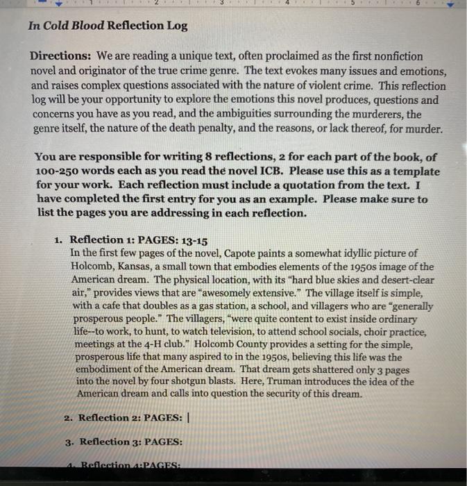 Solved In Cold Blood Reflection Log Directions: We are | Chegg.com