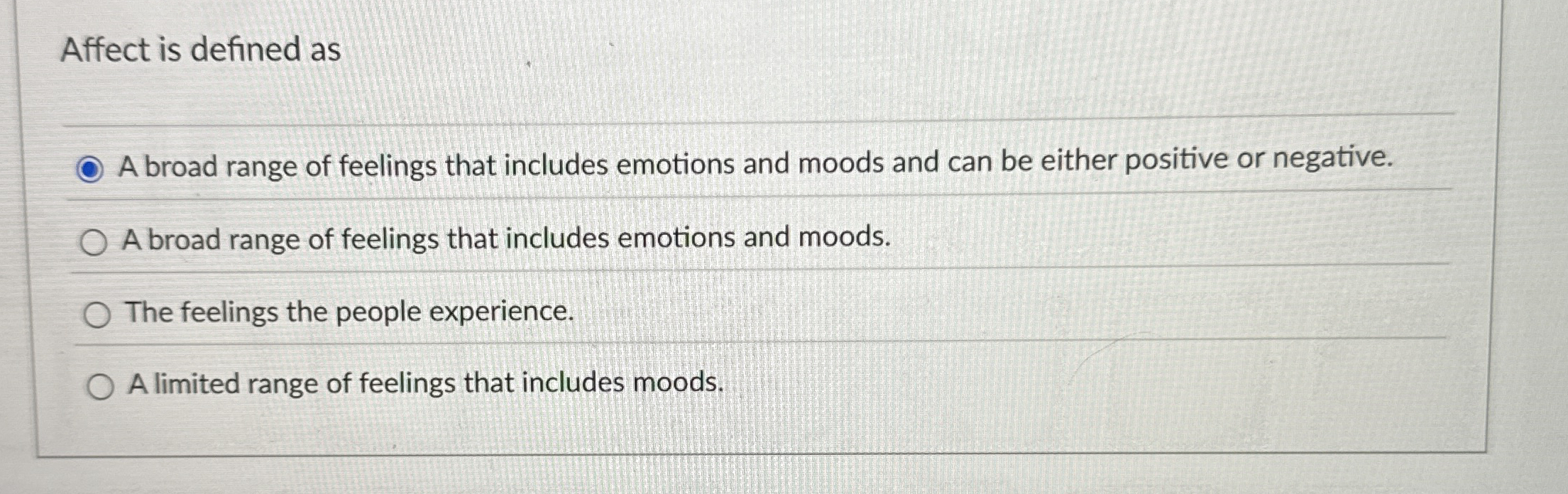Solved Affect is defined asq,A broad range of feelings that | Chegg.com