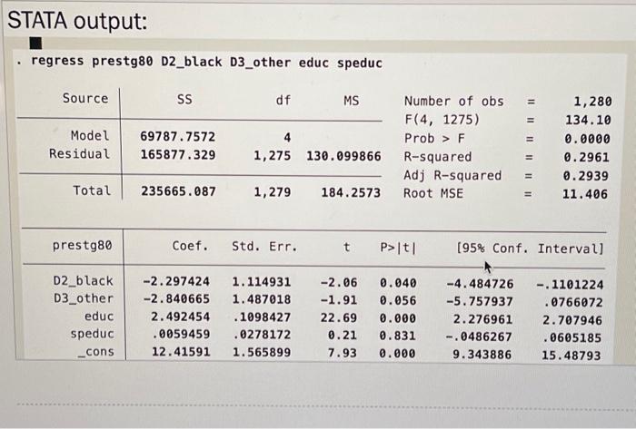Solved Based on the STATA output, 1. What is the regression | Chegg.com