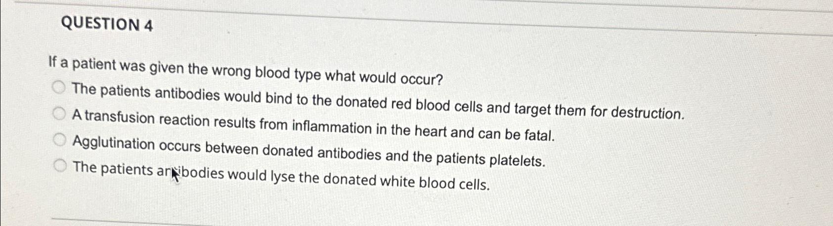 Solved QUESTION 4If a patient was given the wrong blood type | Chegg.com