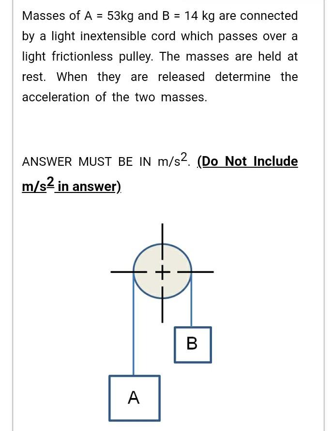 Solved Masses of A = 53kg and B = 14 kg are connected by a | Chegg.com