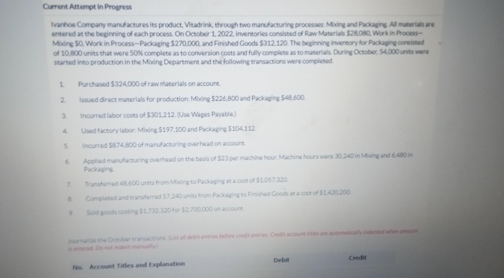 Solved Ivarhoe Compary manufactures its product, Vitadrink, | Chegg.com