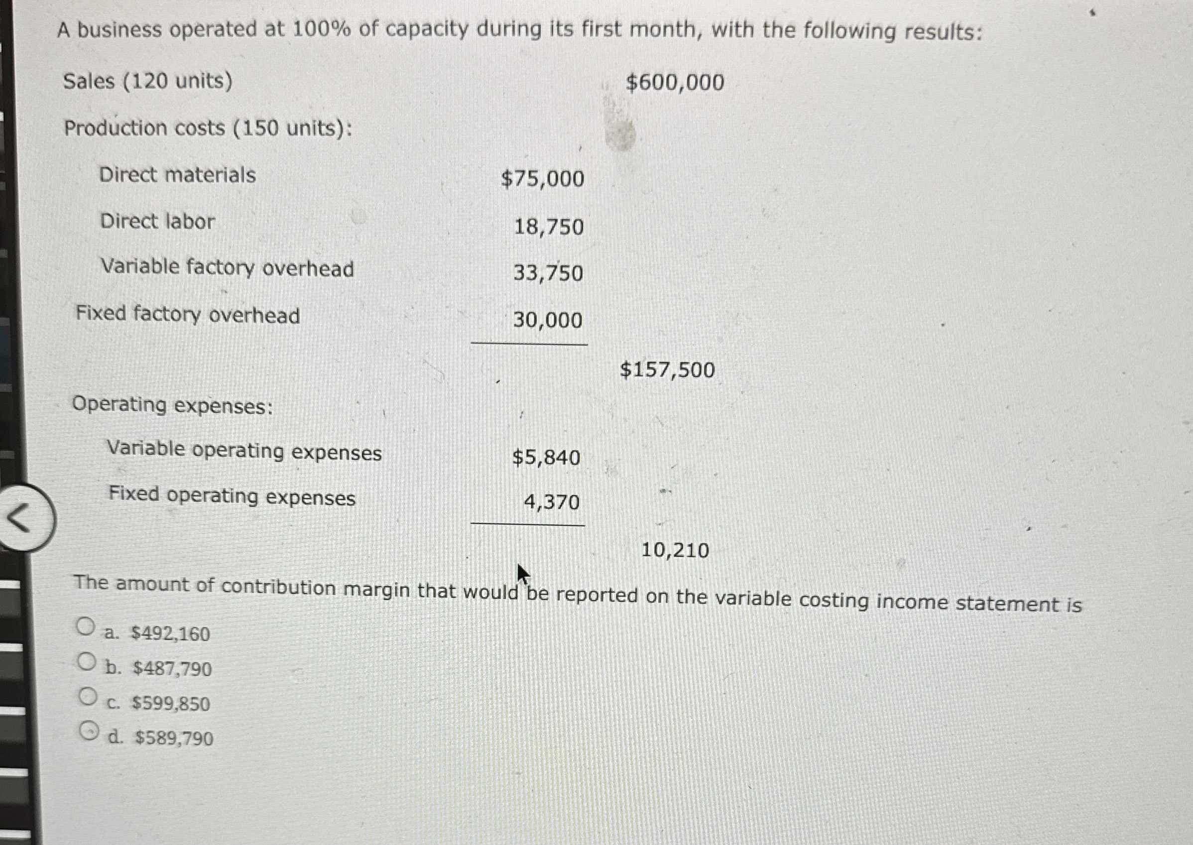 Solved A business operated at 100% ﻿of capacity during its | Chegg.com