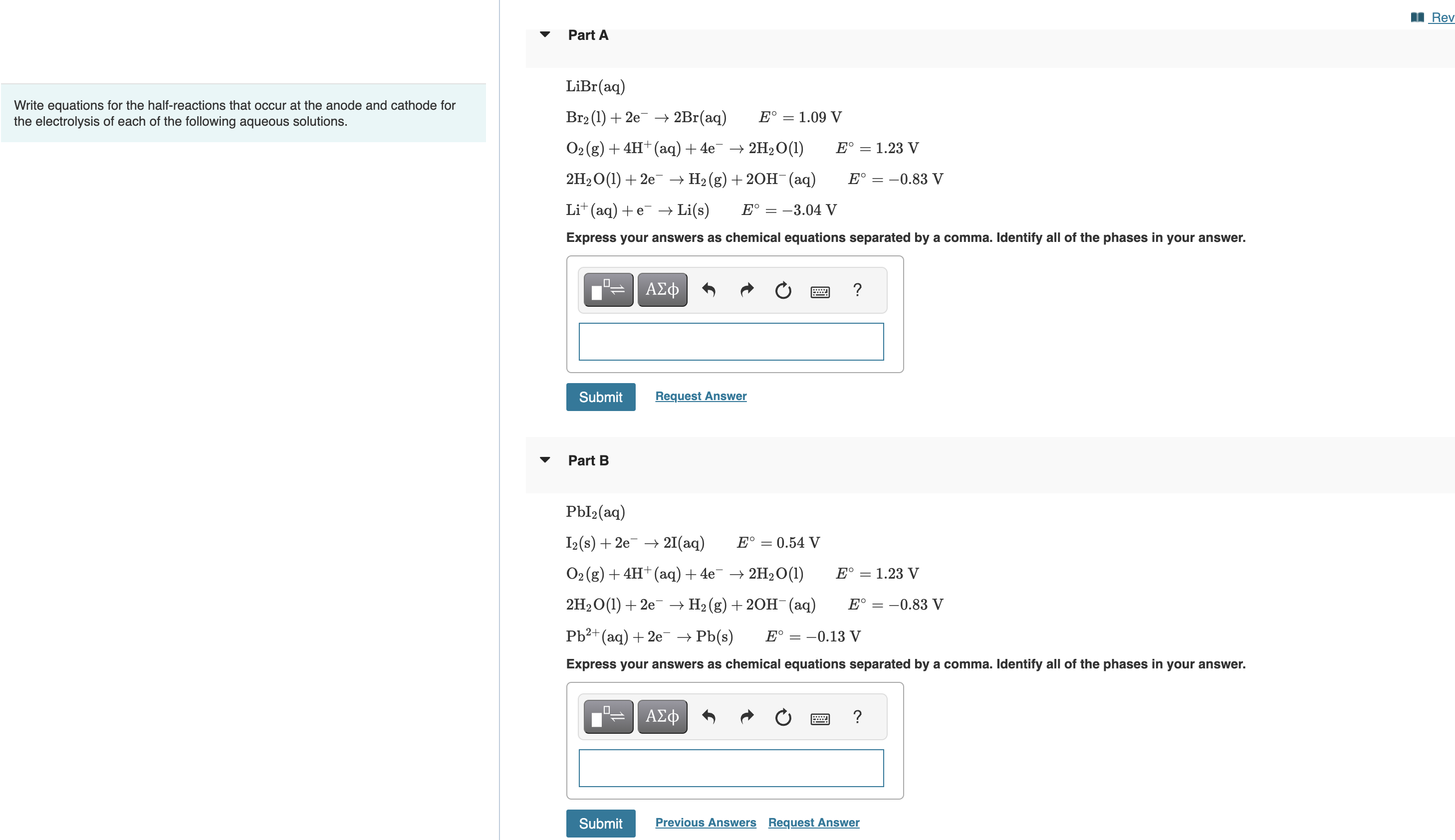 Solved Part AWrite equations for the half-reactions that | Chegg.com