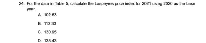 Solved 24. For the data in Table 5, calculate the Laspeyres | Chegg.com