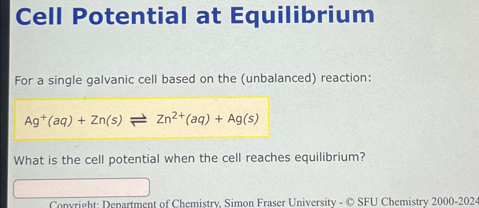 Solved Cell Potential at EquilibriumFor a single galvanic | Chegg.com