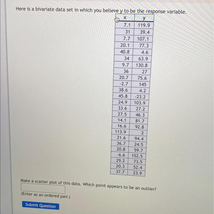 Solved Here is a bivariate data set in which you be inse | Chegg.com