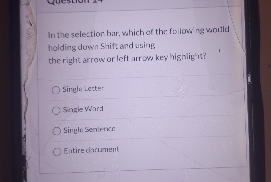 Solved In the selection bar, which of the following would | Chegg.com