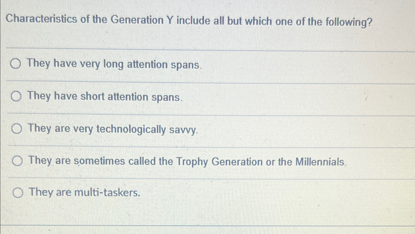Solved Characteristics of the Generation Y ﻿include all but | Chegg.com