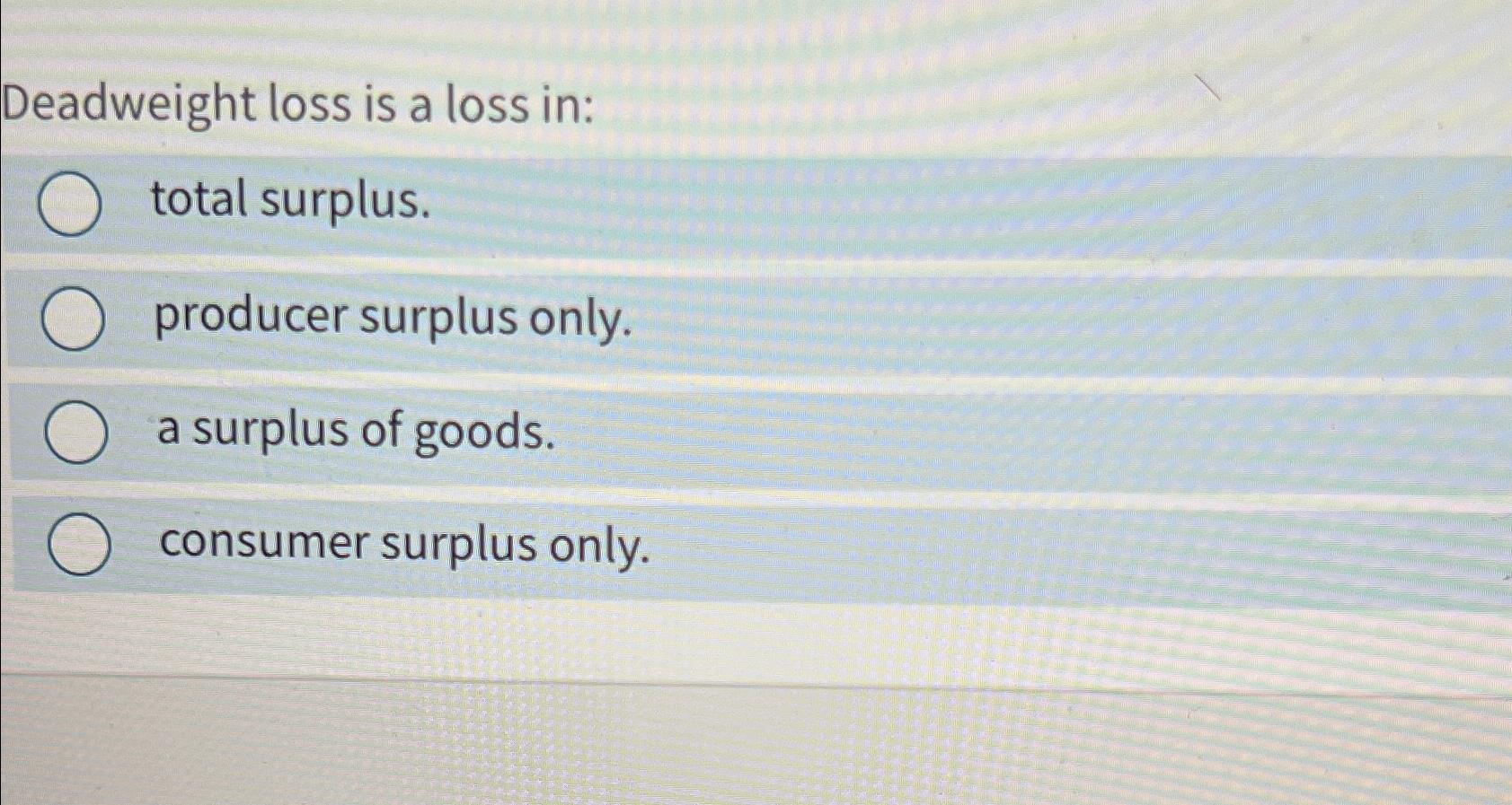 Solved Deadweight loss is a loss in:total surplus.producer | Chegg.com