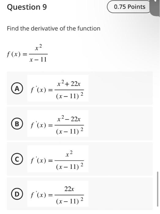 Solved Find the derivative of the function f(x)=x−11x2 | Chegg.com