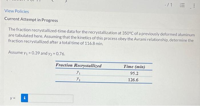 Solved The fraction recrystallized-time data for the | Chegg.com