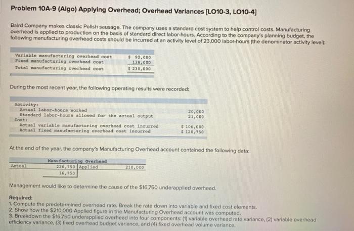 Solved Problem 10A-9 (Algo) Applying Overhead; Overhead | Chegg.com