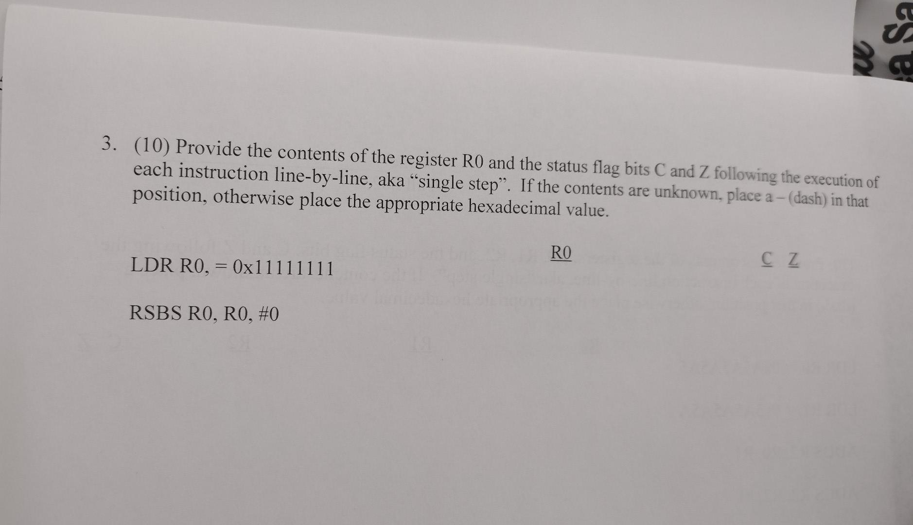 Solved 3. (10) Provide the contents of the register R0 and | Chegg.com