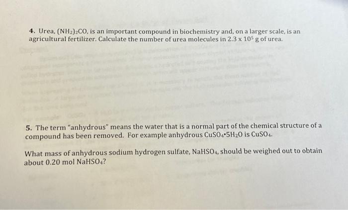 Solved 4. Urea, (NH2)2CO, is an important compound in | Chegg.com