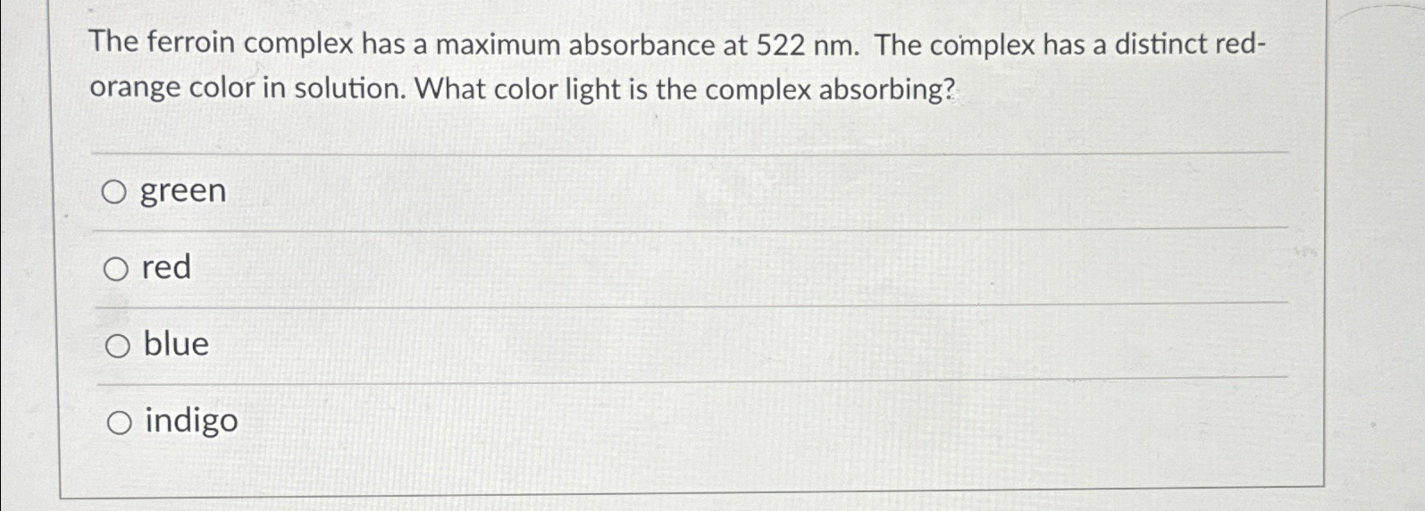 Solved The ferroin complex has a maximum absorbance at | Chegg.com