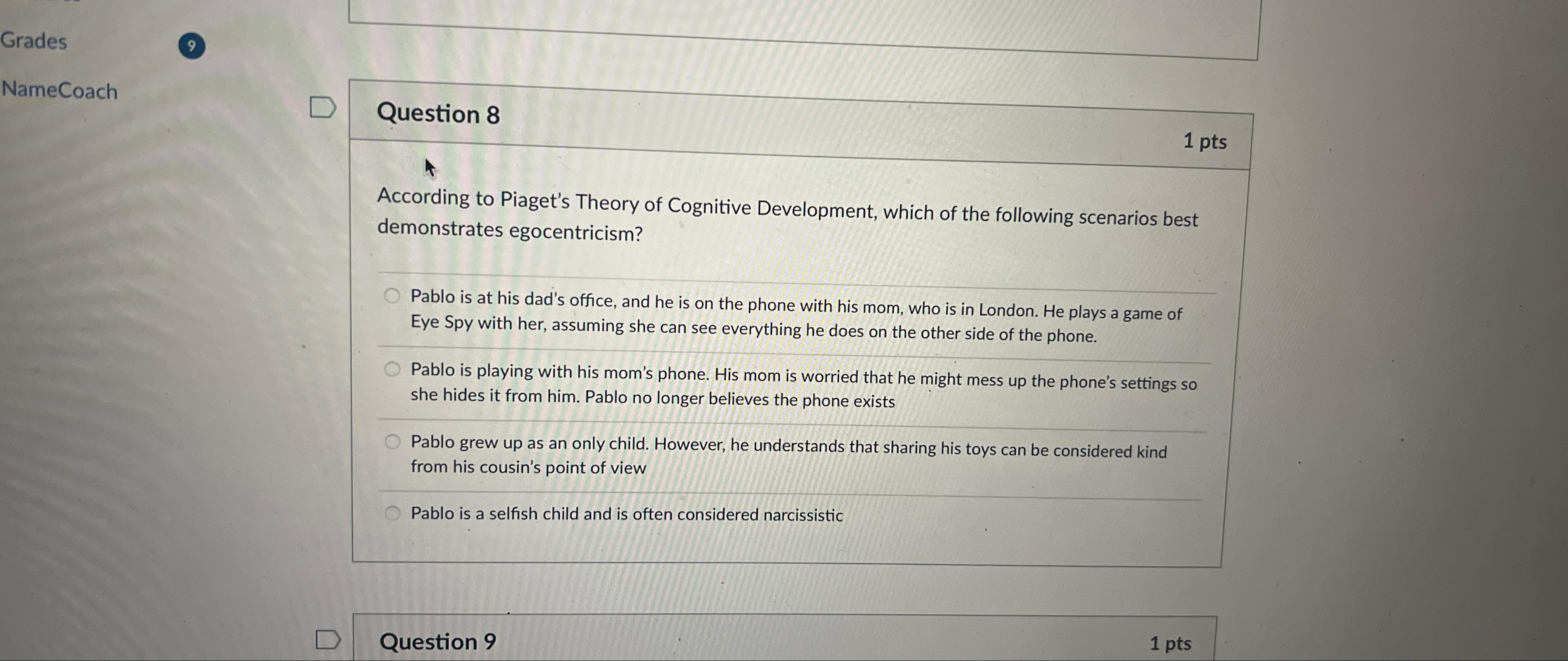 Solved Grades9Question 81 ﻿ptsAccording to Piaget's Theory | Chegg.com