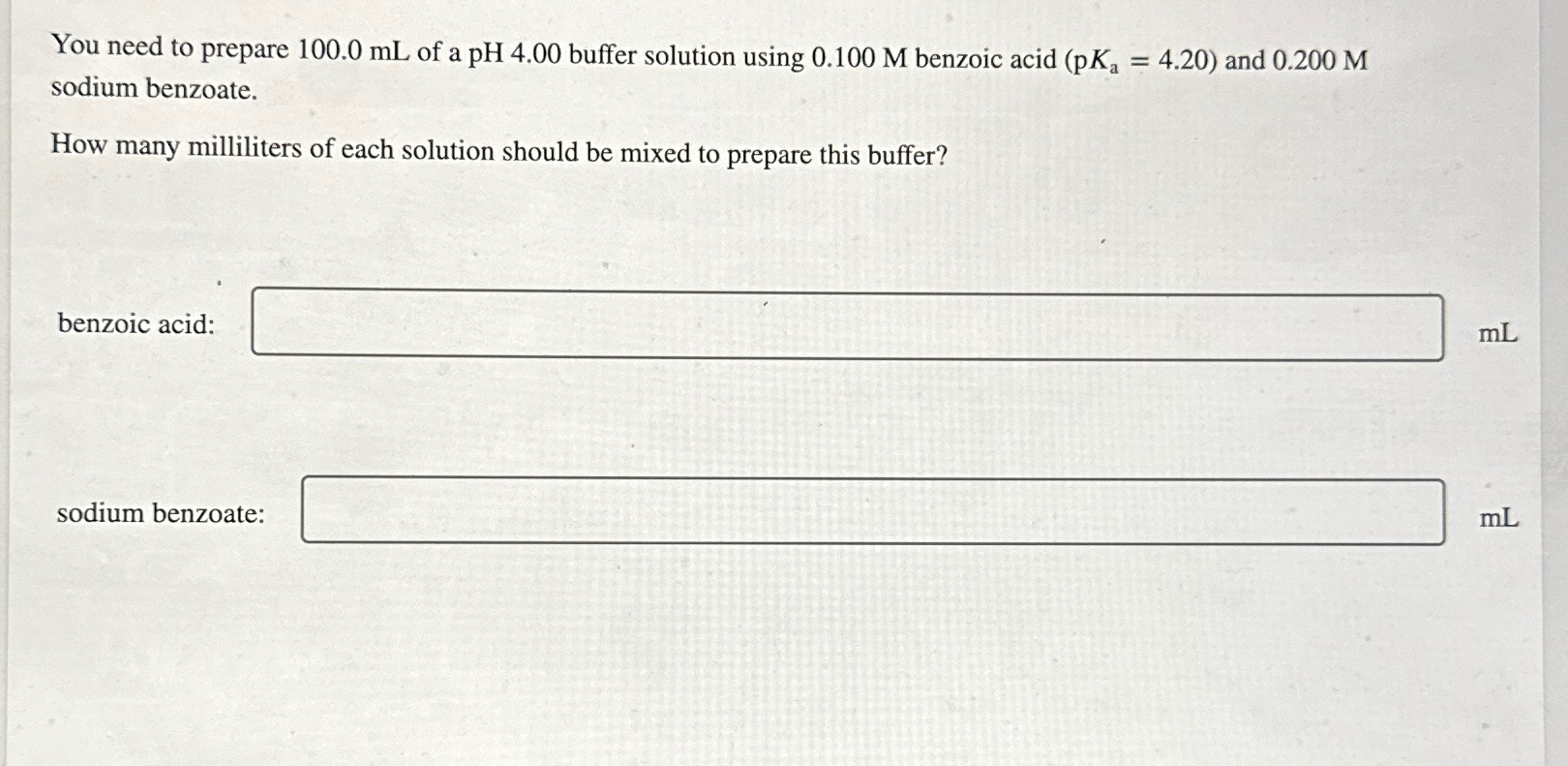 Solved You need to prepare 100.0mL ﻿of a pH 4.00 ﻿buffer | Chegg.com