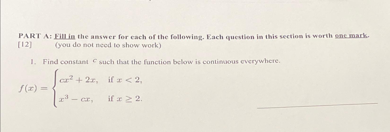 Solved PART A: Fill in the answer for each of the following. | Chegg.com