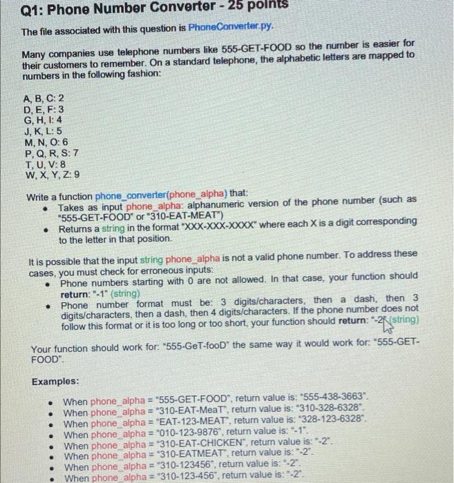 Solved Q1: Phone Number Converter - 25 points The file | Chegg.com