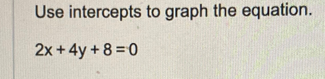 Solved Use intercepts to graph the equation.2x+4y+8=0 | Chegg.com