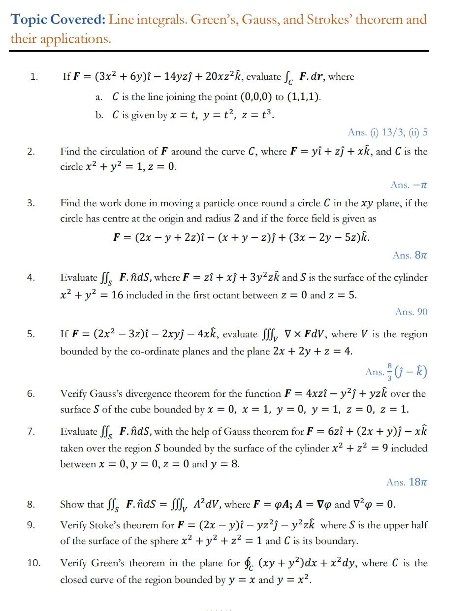 Solved Topic Covered: Line integrals. Green's, Gauss, and | Chegg.com