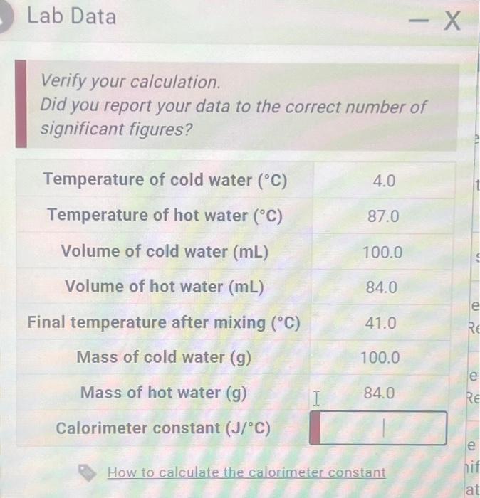 Solved Lab data Temperature of cold water (°C) Temperature | Chegg.com