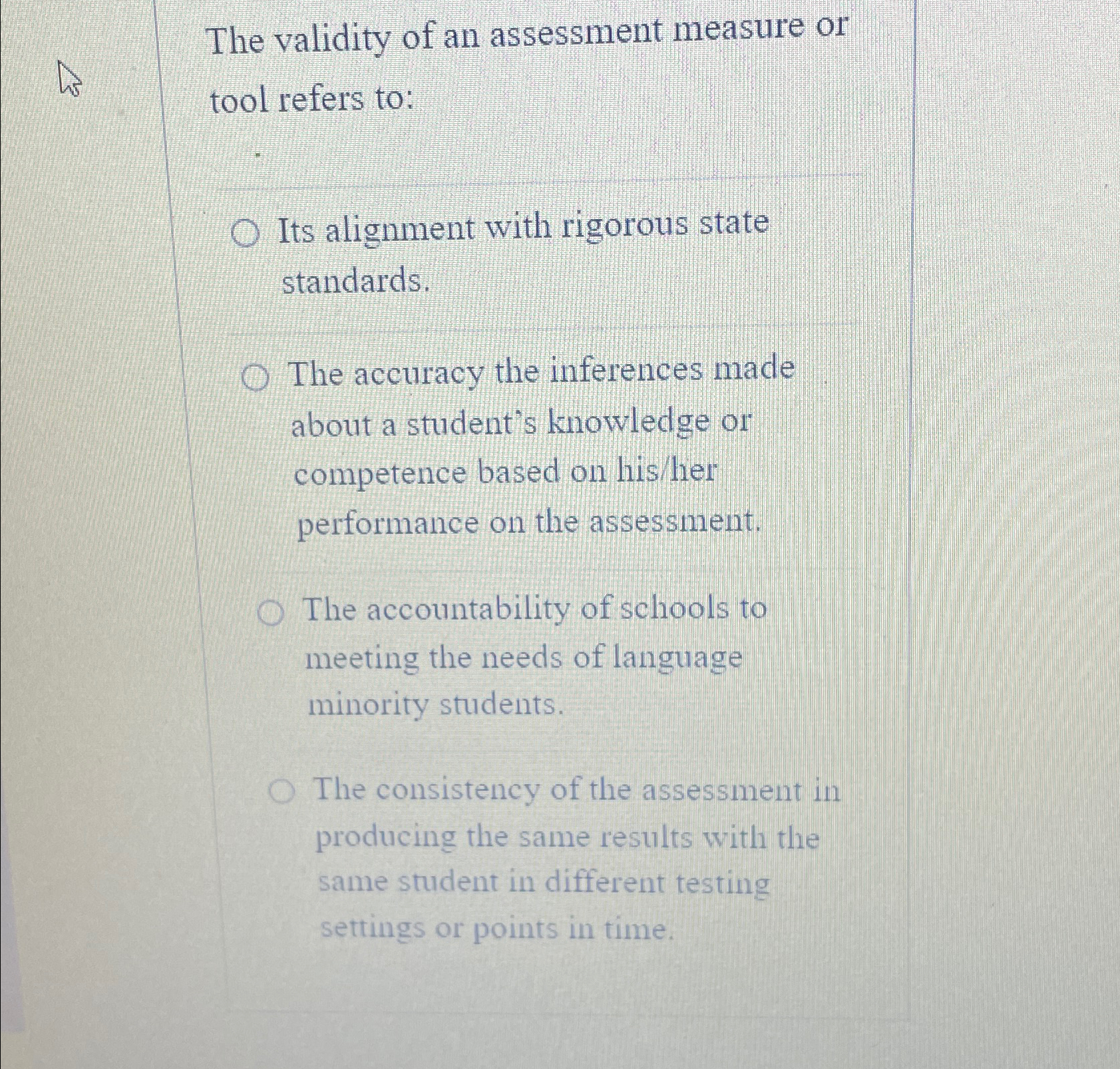 Solved The validity of an assessment measure or tool refers | Chegg.com