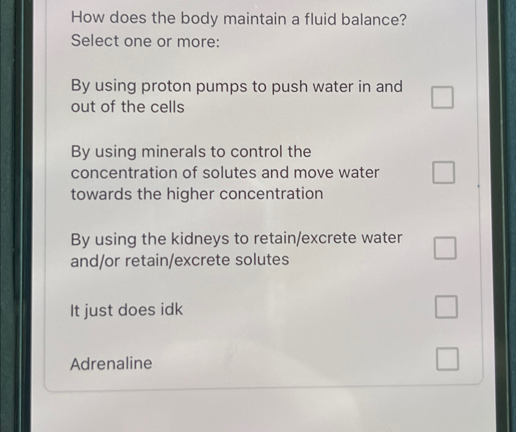 Solved How does the body maintain a fluid balance?Select one | Chegg.com
