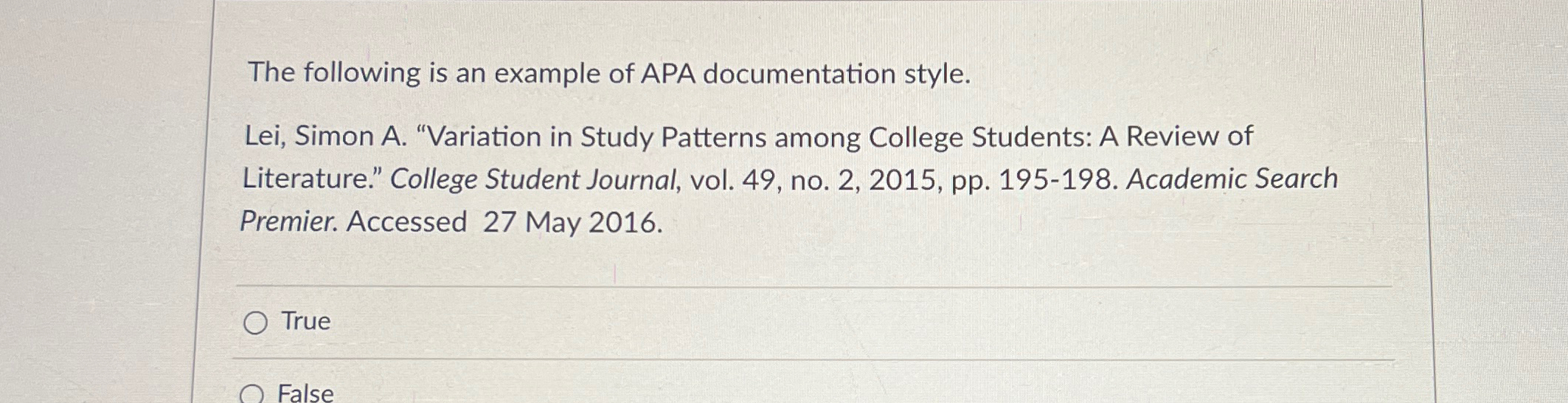Solved The following is an example of APA documentation | Chegg.com