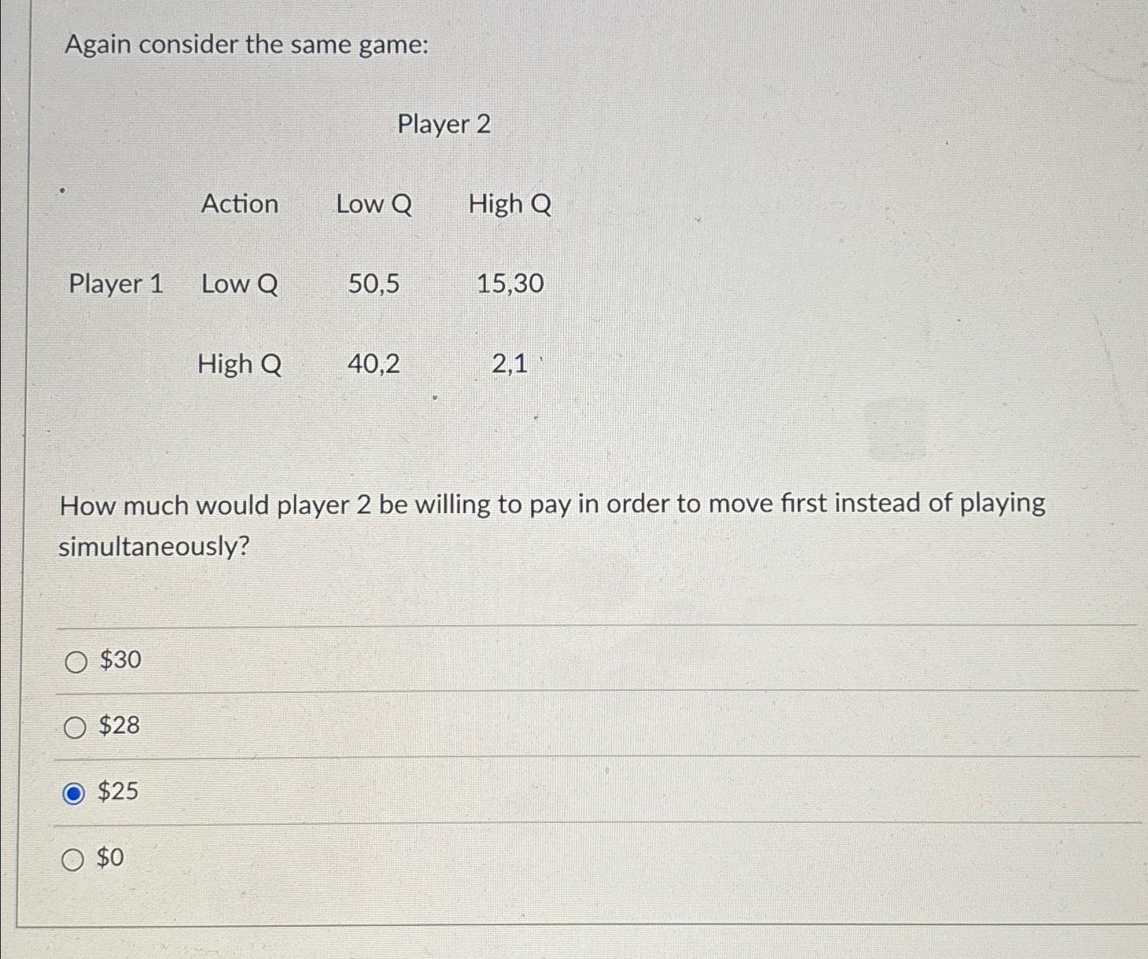 Solved Again consider the same game:Player 2Action Low Q | Chegg.com