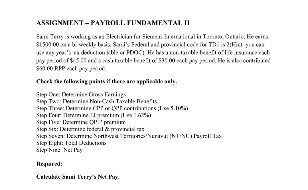 ASSIGNMENT - PAYROLL FUNDAMENTAL II Sami Terry is | Chegg.com