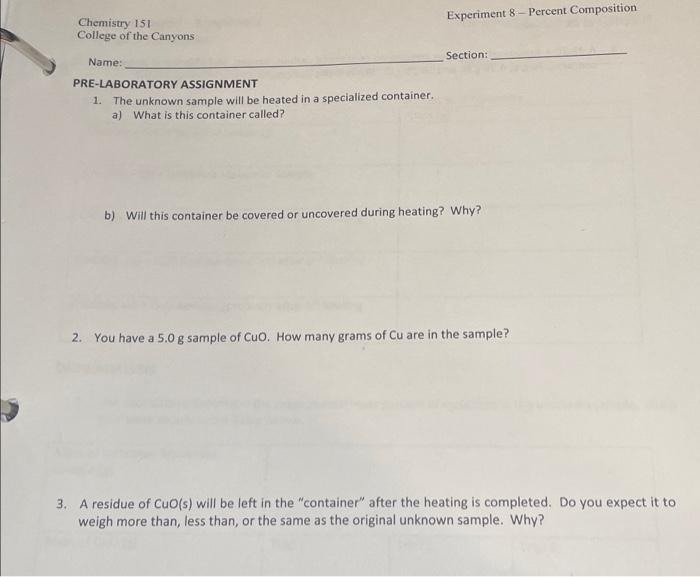 Solved Chemistry 151 College of the Canyons Name: | Chegg.com