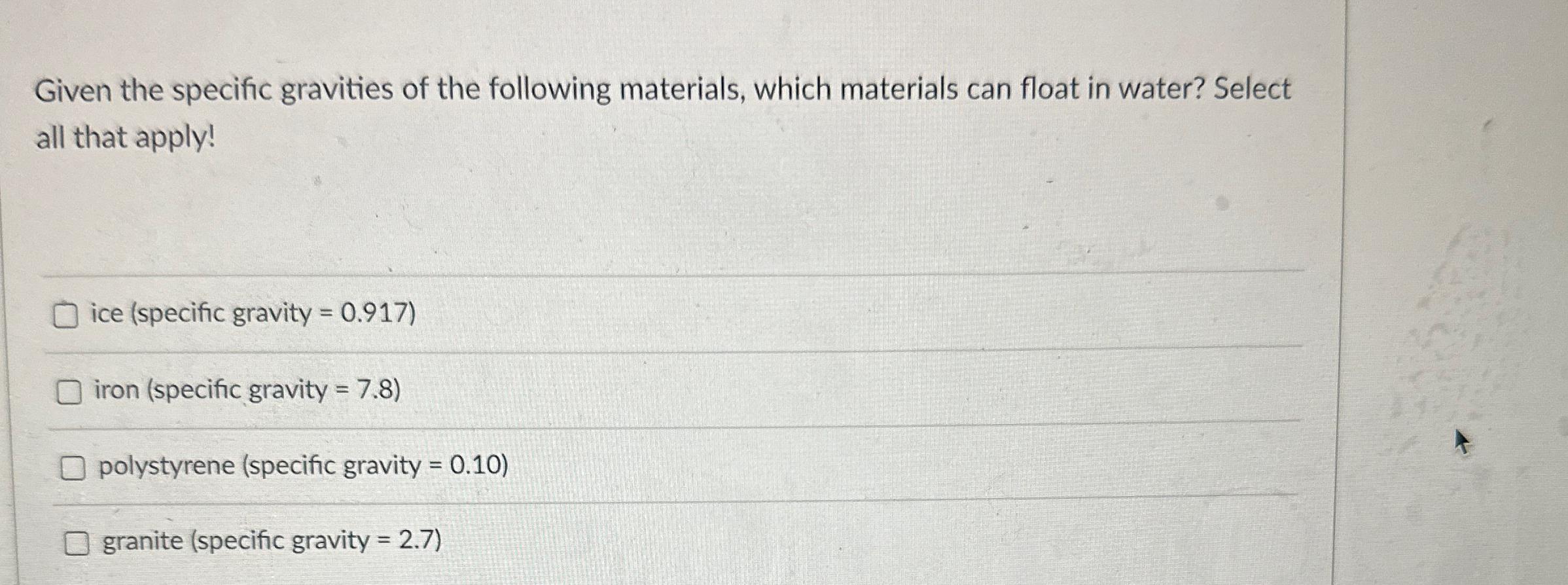 Solved Given the specific gravities of the following | Chegg.com