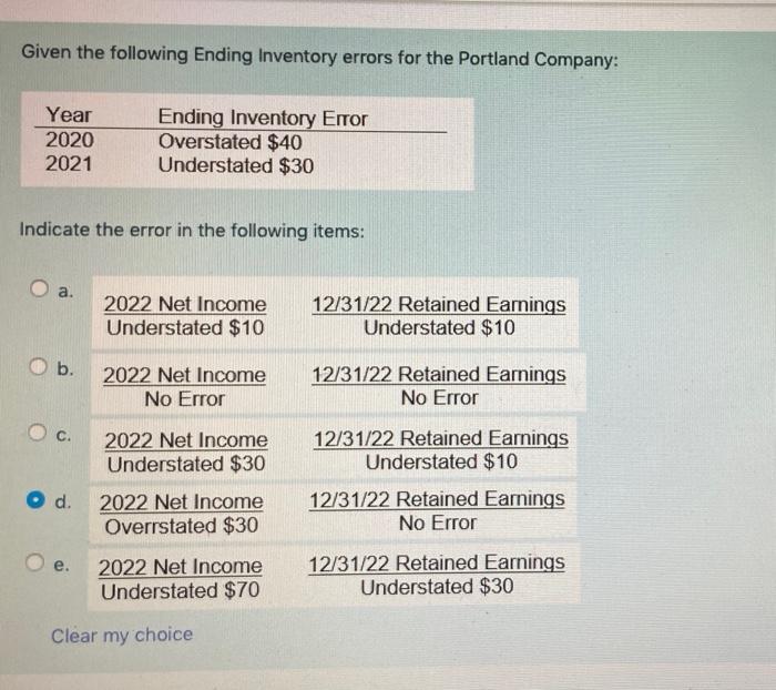 Solved Given the following Ending Inventory errors for the | Chegg.com