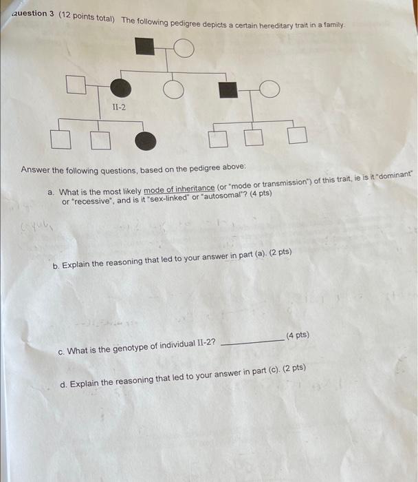 Solved question 3 (12 points total) The following pedigree | Chegg.com Solved question 3 (12 points total) The following pedigree | Chegg.com