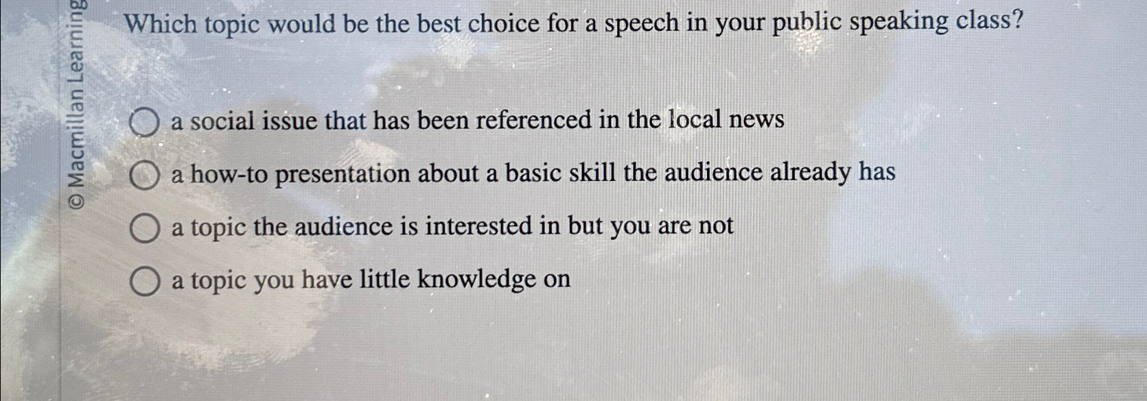 Solved Which topic would be the best choice for a speech in | Chegg.com