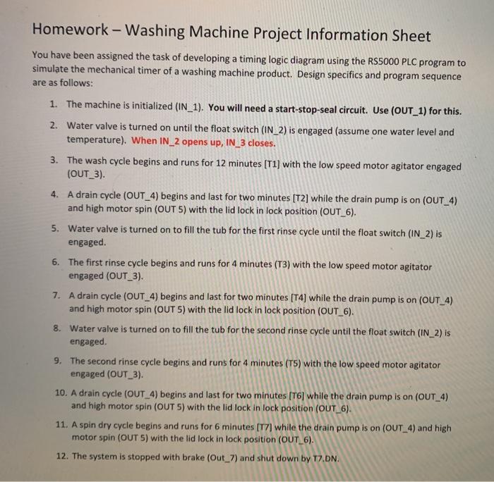 Solved Homework - Washing Machine Project Information Sheet | Chegg.com