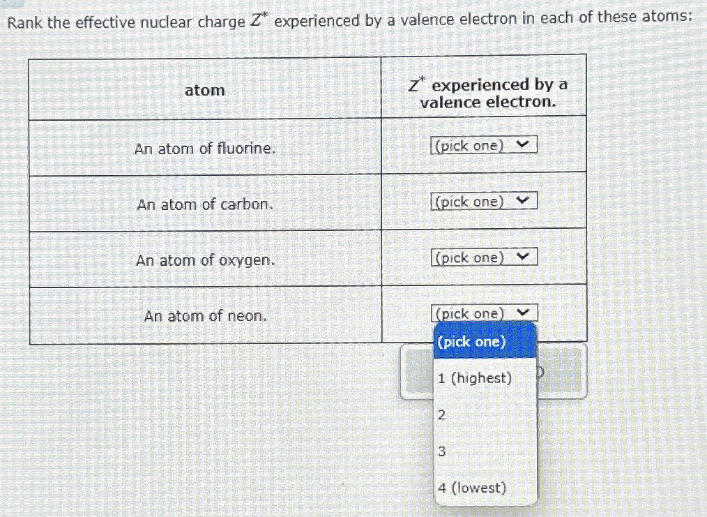 Solved Rank the effective nuclear charge Z** ﻿experienced by | Chegg.com