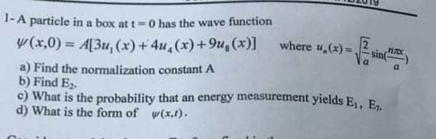 Solved 1- ﻿A particle in a box at t=0 ﻿has the wave function | Chegg.com