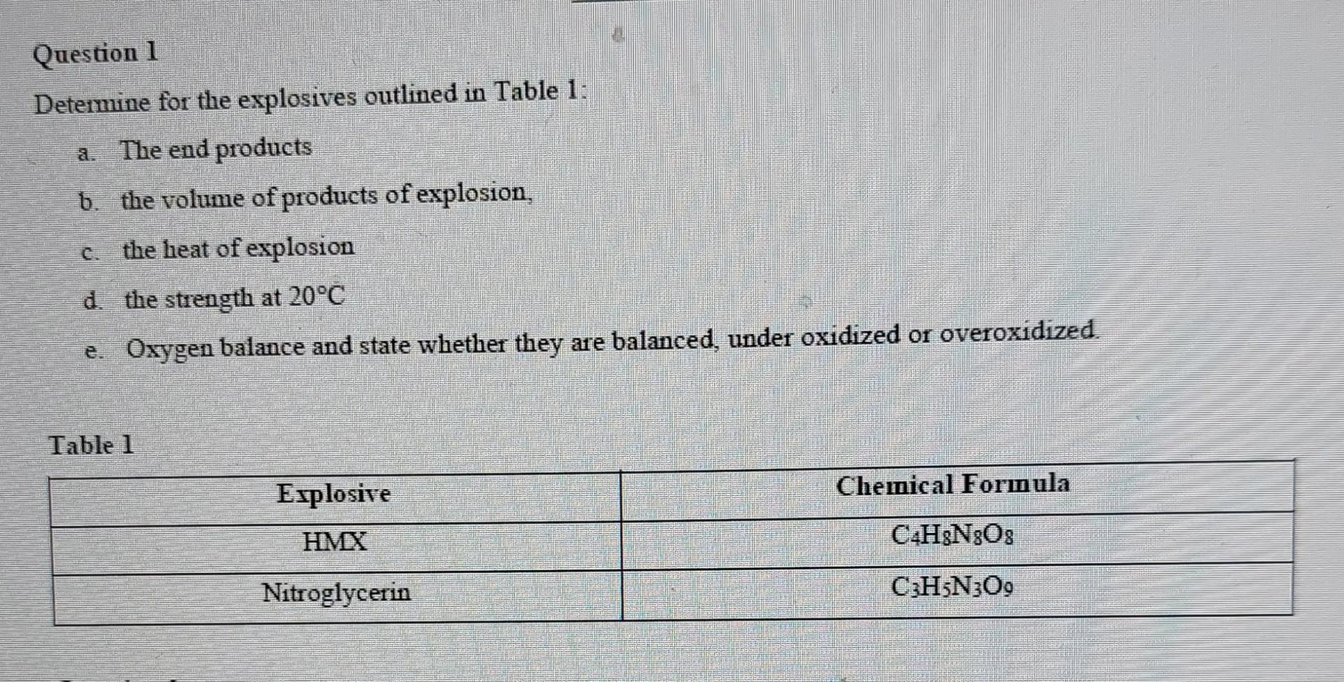 Solved Question 1 Determine for the explosives outlined in | Chegg.com
