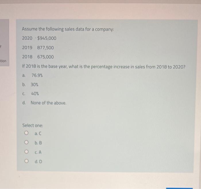 Solved Assume the following sales data for a company: 2020 | Chegg.com