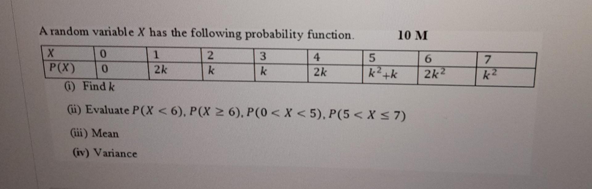 Solved A random variable X has the following probability | Chegg.com