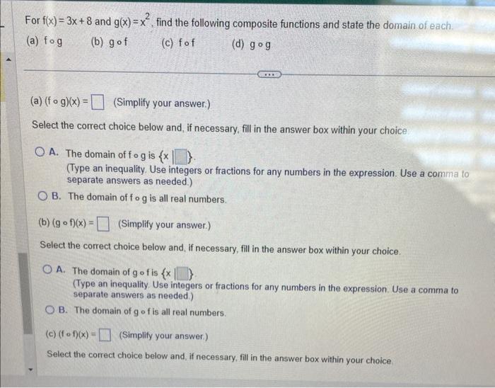 Solved For f(x)=3x+8 and g(x)=x2, find the following | Chegg.com