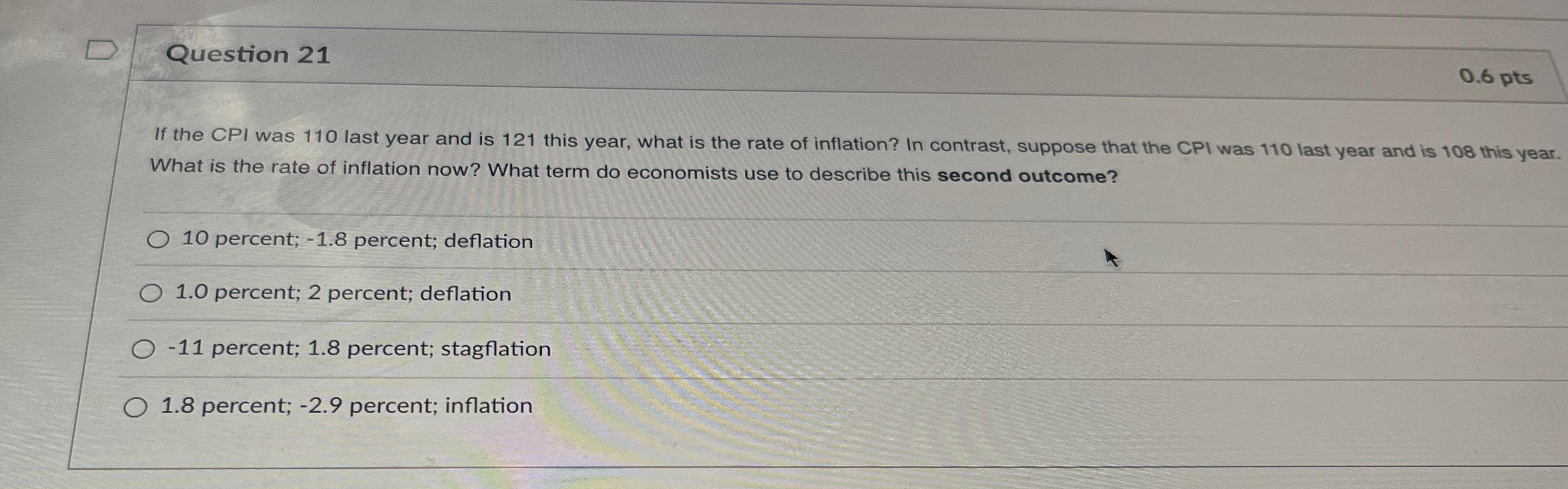 Solved Question 210.6 ﻿ptsIf the CPI was 110 ﻿last year and | Chegg.com