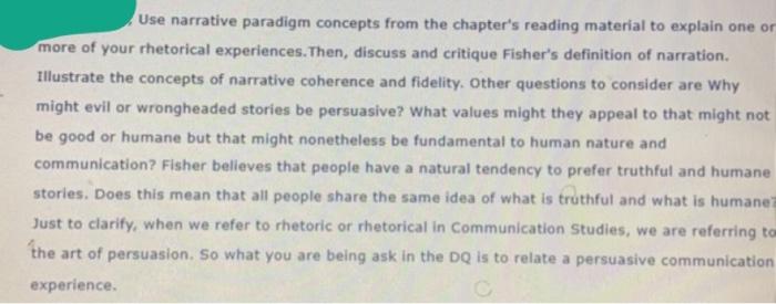 Solved Use narrative paradigm concepts from the chapter's | Chegg.com