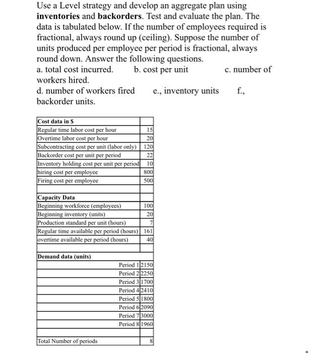 Solved Use a Level strategy and develop an aggregate plan | Chegg.com Solved Use a Level strategy and develop an aggregate plan | Chegg.com