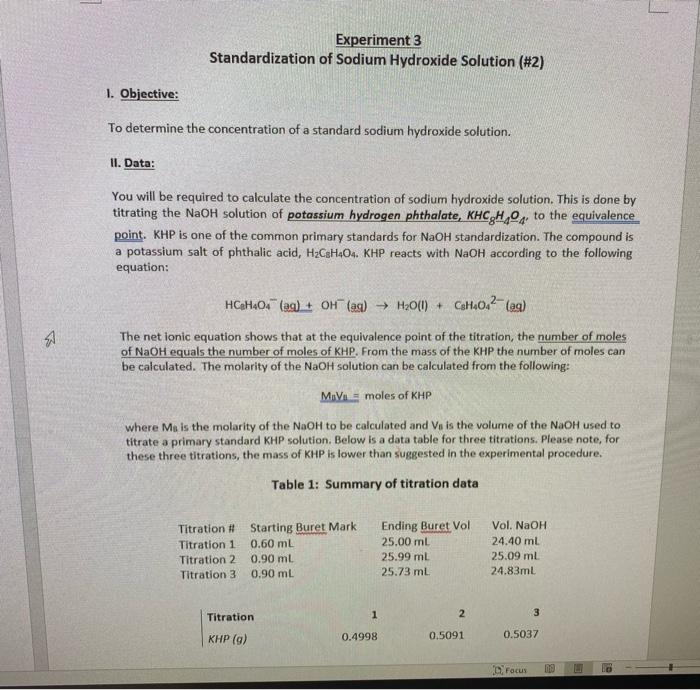 Solved Experiment 3 Standardization of Sodium Hydroxide | Chegg.com