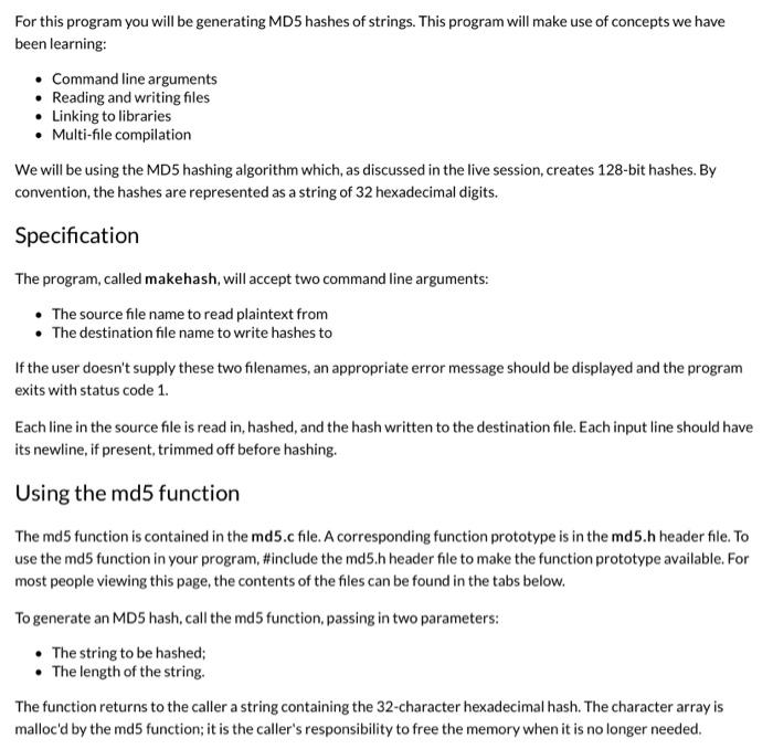 Solved For this program you will be generating MD5 hashes of | Chegg.com